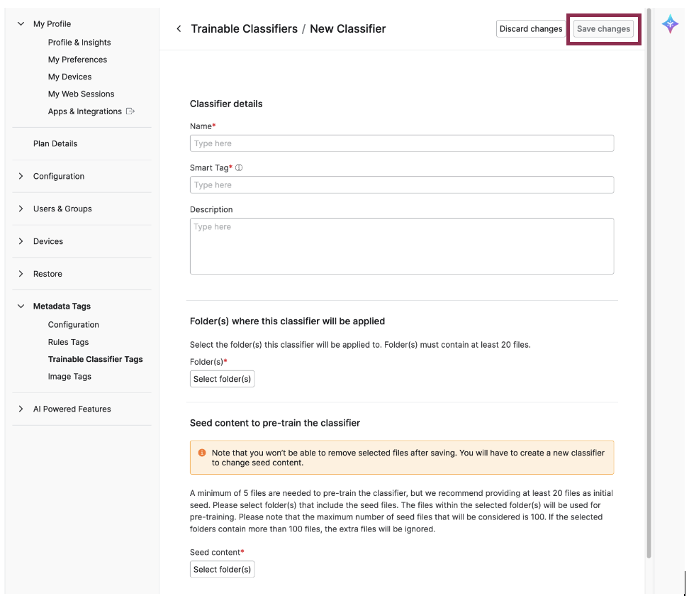 Web UI - AI-Drive Metadata Tags - Trainable Classifiers – Egnyte